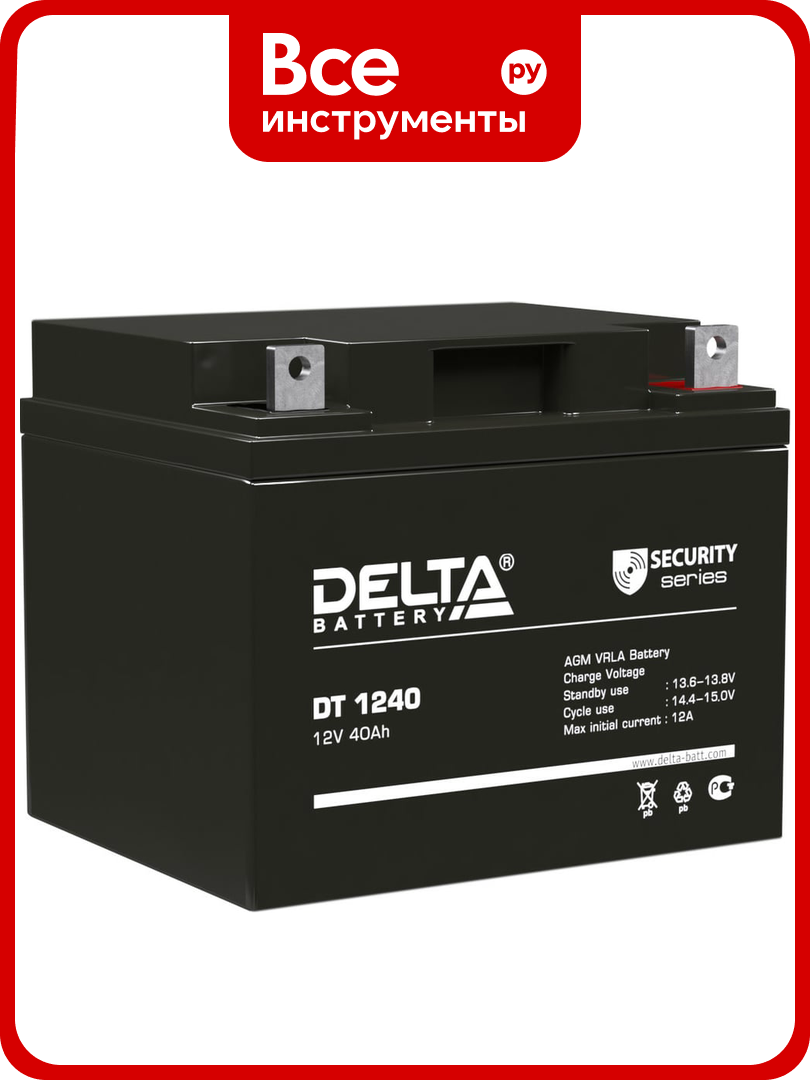 Аккумуляторная батарея Delta DT 1240, 12В, 40Ач, AGM, обратная полярность, размеры 170x198x166 мм, вес 13.5 кг, макс.