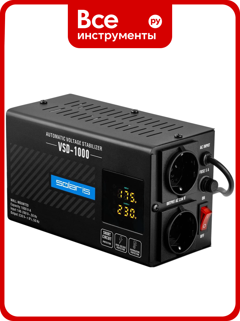 Стабилизатор напряжения Solaris VSD-1000, 1000В*А, 230В, IP20, настенное крепление