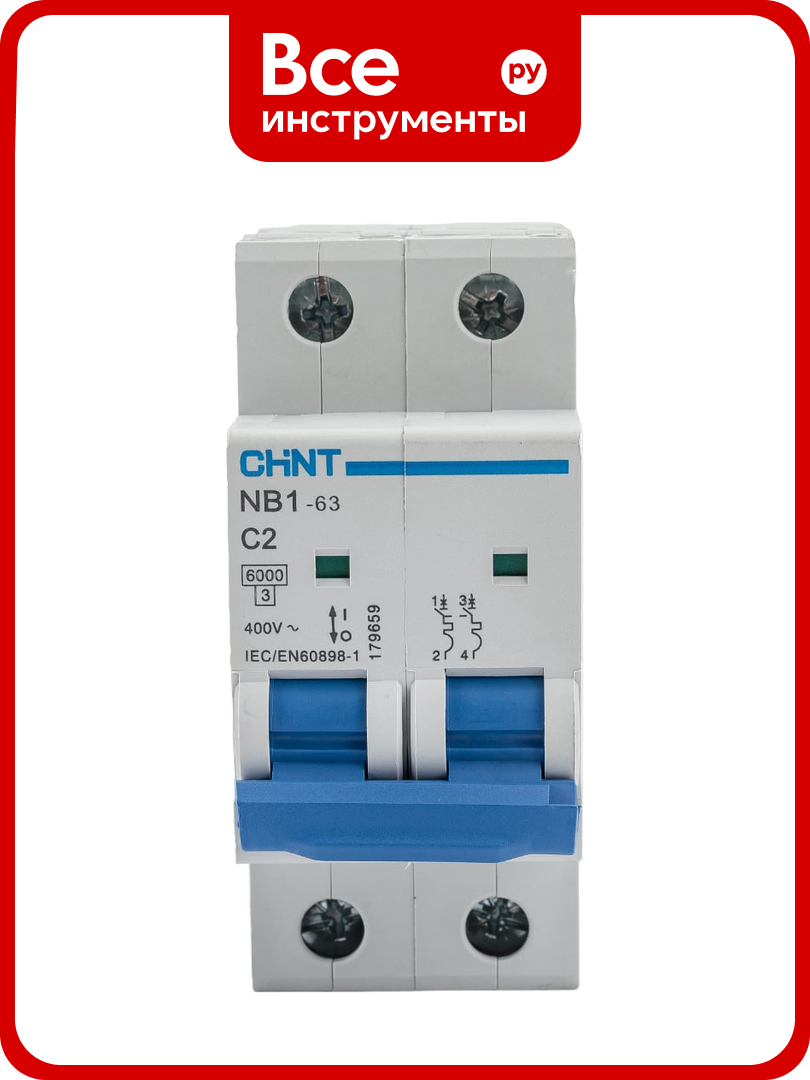 Автоматический выключатель CHINT NB1-63, 2P, 2A, 6кА, характеристика C 179659