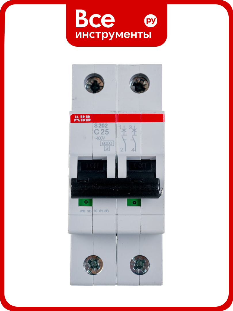 Автоматический модульный выключатель ABB 2п C S202 6кА 25А 2CDS252001R0254 серый корпус DIN‑рейка монтаж
