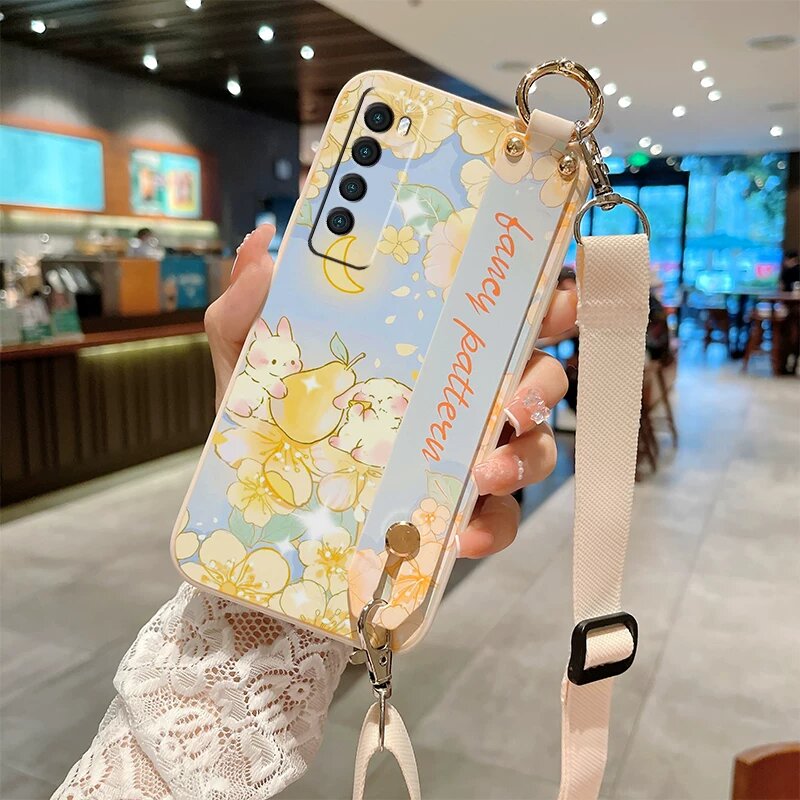 HUAWEI P50E Античный белый Паттерн персиковой кролика Чехол с ремешком