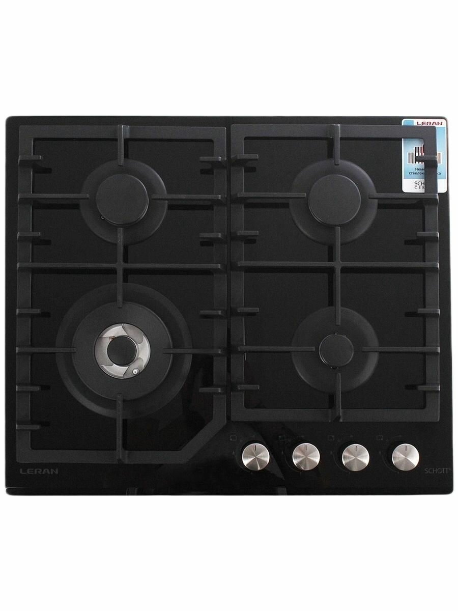 Газовая варочная панель LERAN GH 64662 BG, 60 см, 4 конфорки, стеклокерамика, 8300 Вт, газ-контроль, электроподжиг, сверхмощная WOK-конфорка, черная
