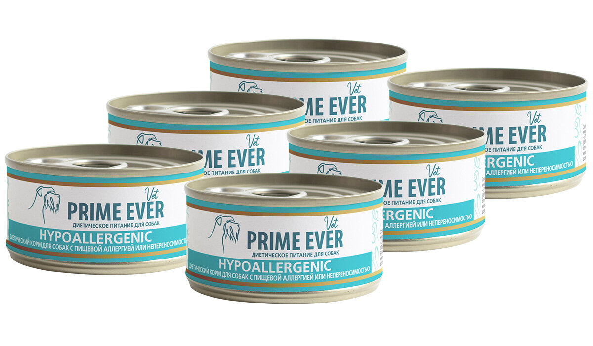 Корм влажный Prime Ever Vet Hypoallergenic для взрослых собак при пищевой аллергии или непереносимости, 100 г х 6 шт