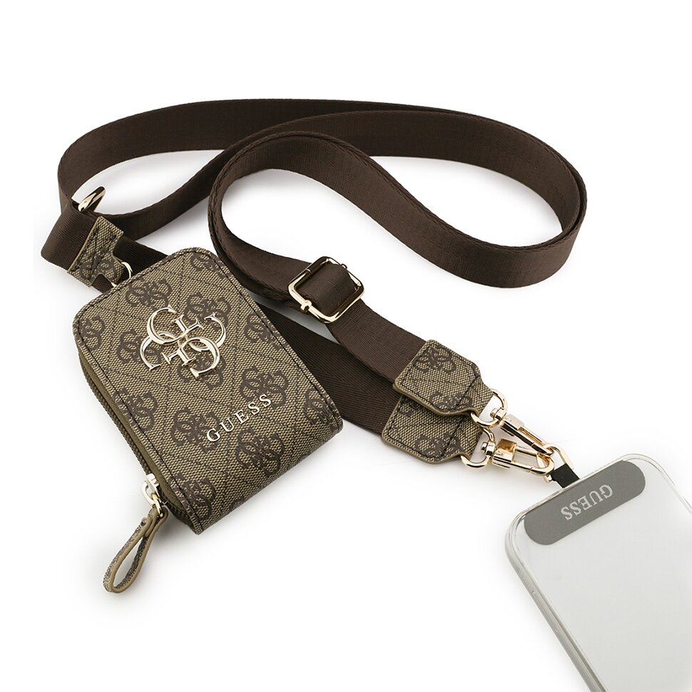 Guess бумажник + ремешок для смартфона на шею Universal Crossbody PU Strap 4G Big metal Logo, коричневый