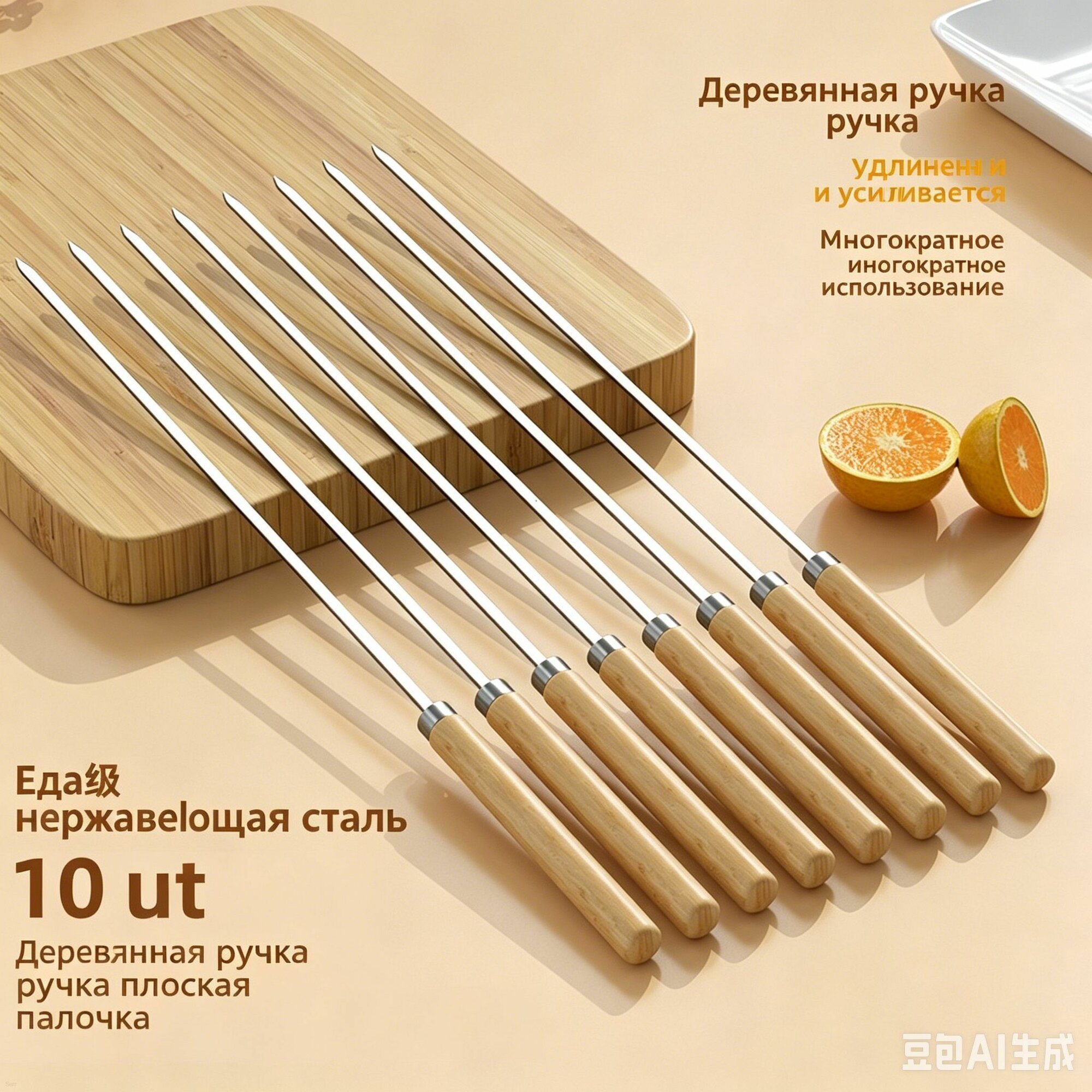 Шампуры для шашлыка, нержавеющая сталь, с деревянной ручкой, 33.5 см