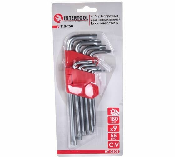 Набор Г-образных ключей INTERTOOL TORX с отверстием 9 шт, Т10-Т50, Cr-V, Big HT-0606