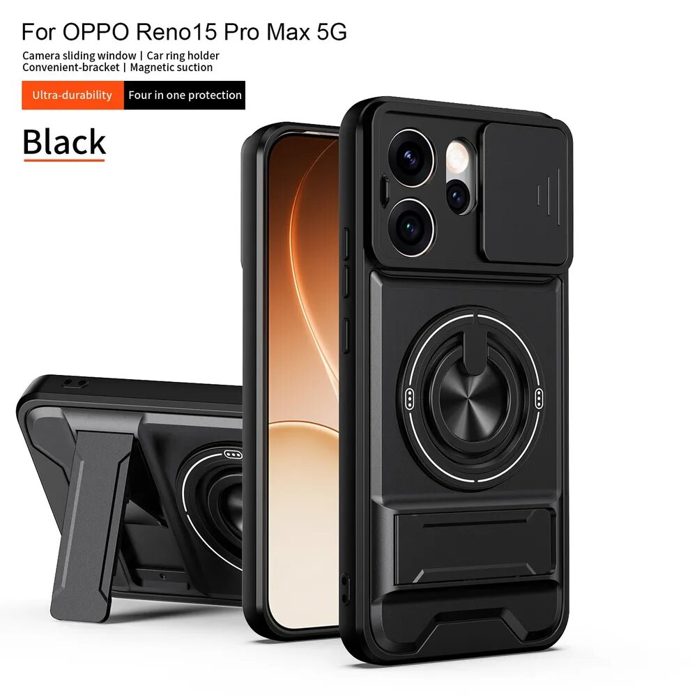 Чехол для Oppo Reno15 Pro Max (Оппо Рено 15 Про Макс) с крышкой для веб-камеры и кольцевым креплением на 360 градусов, защитный чехол с защитой от падения