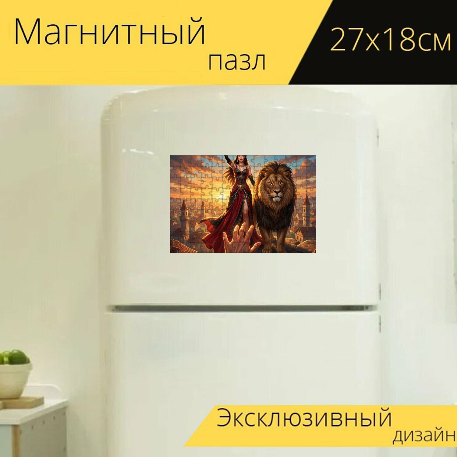 Магнитный пазл "Королева и лев на закате. Эпическая фэнтези-сцена: величественная правительница в короне на фоне древнего города, рядом могучий лев и." на холодильник 27 x 18 см.