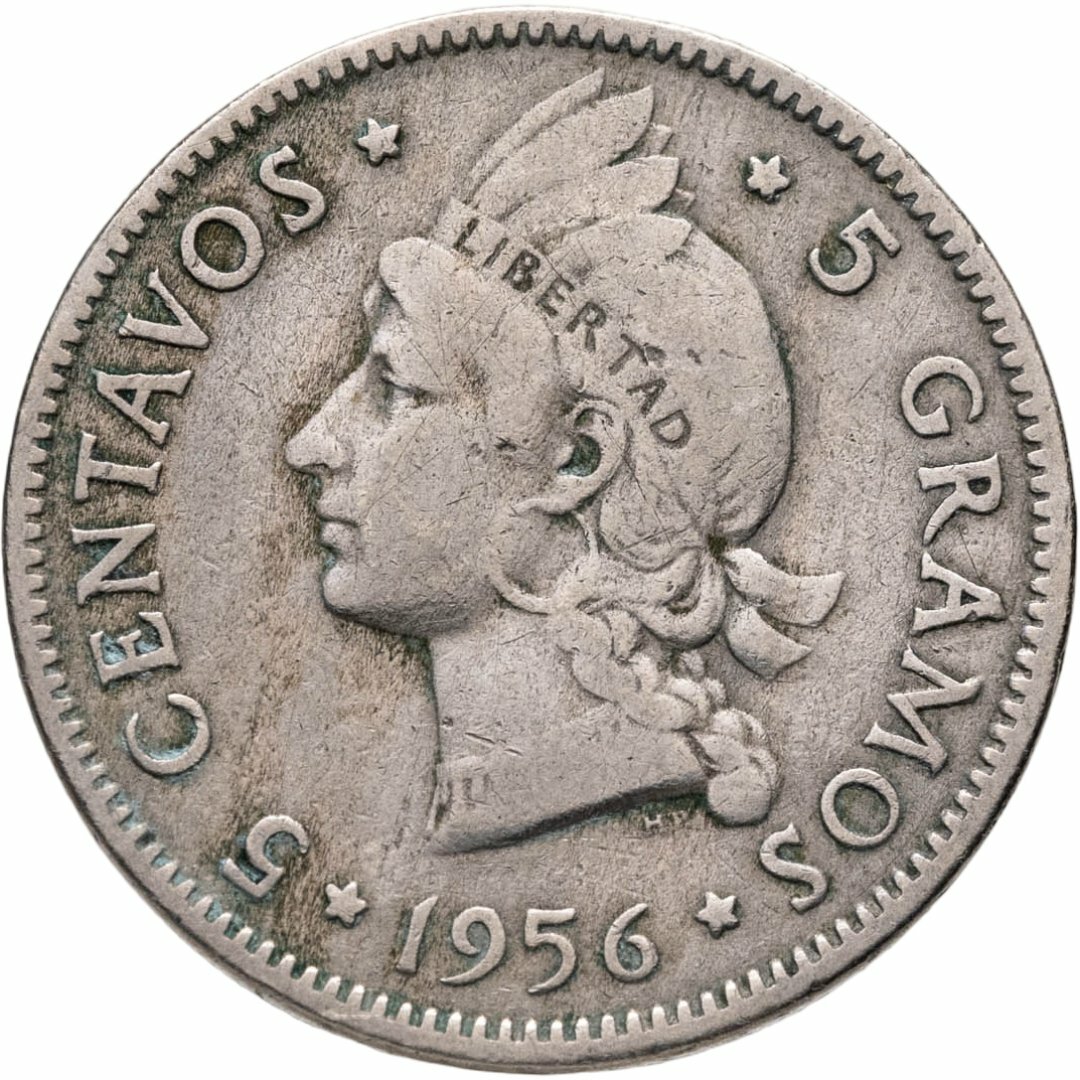 Доминикана 5 сентаво centavos 1956, Мельхиор медь-никель, в сохранности VF