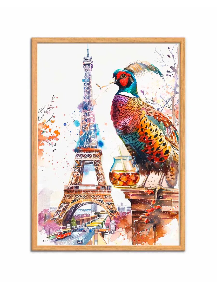 Птица фазан пьет виски 3, Плакат 30x42см