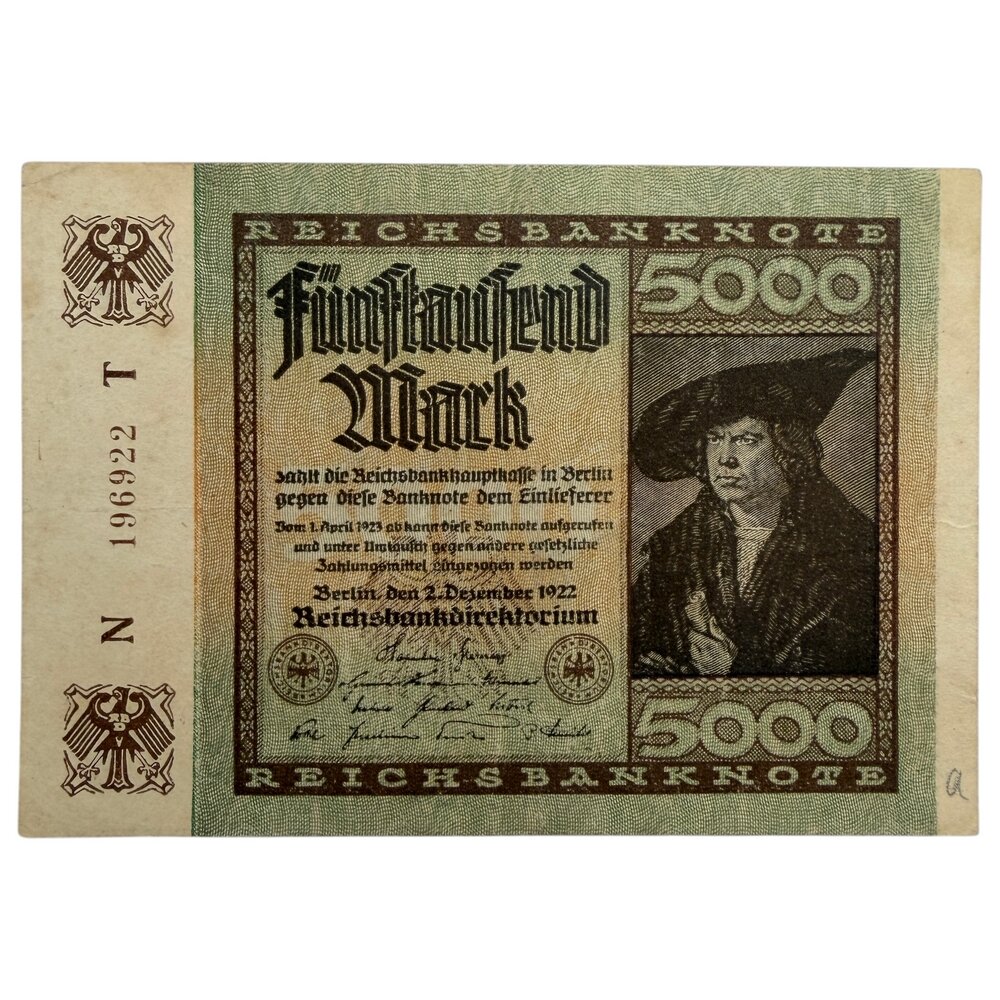 Веймарская республика (Германия) 5000 марок 1922 г. (02.12) (ВЗ - Звёзды G&D) (Серия N T)