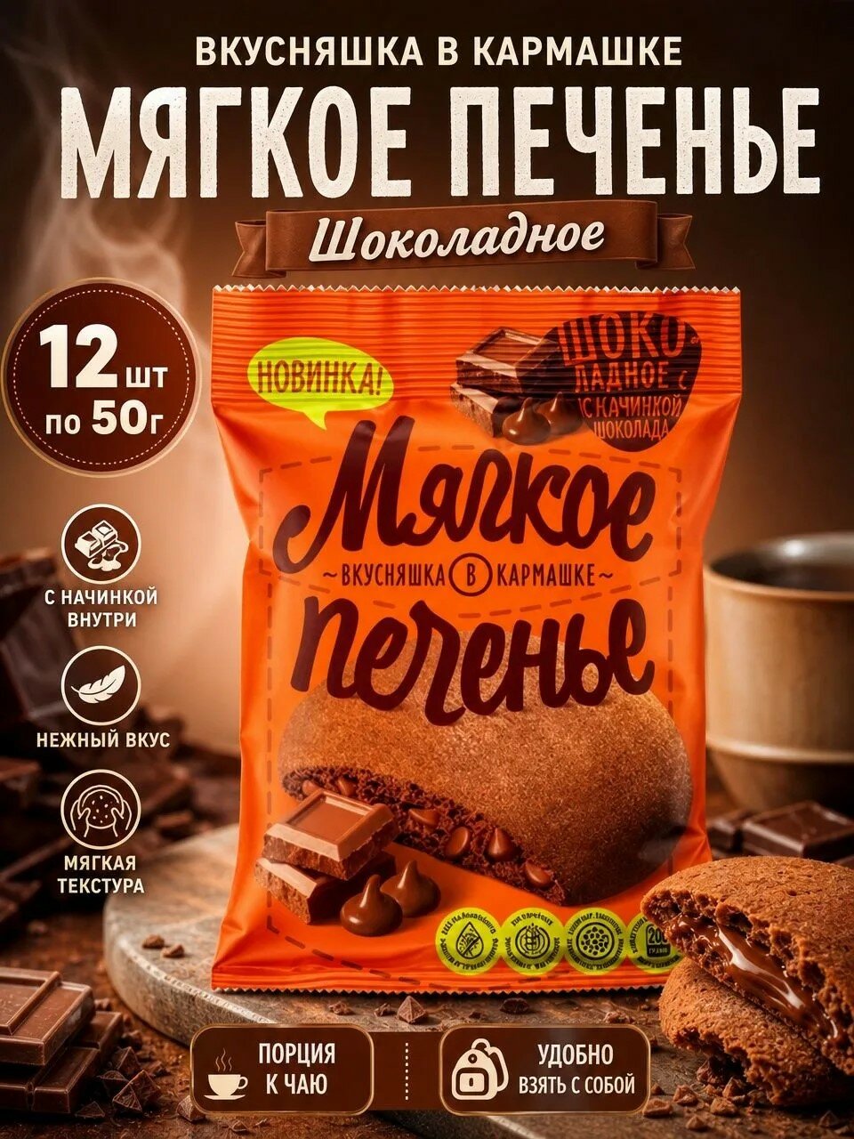 Шок. печенье с кусочками, 12 шт по 50 г.