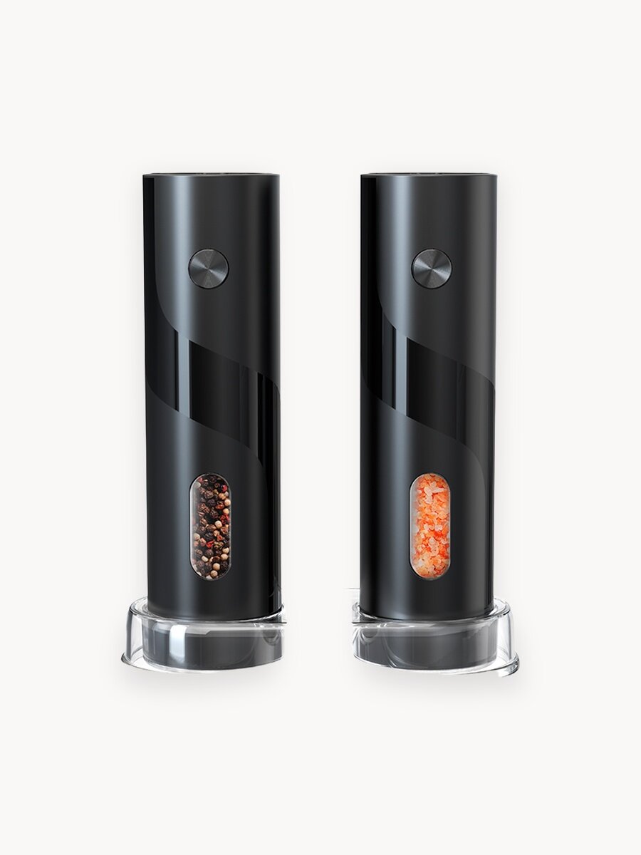 Комплект из двух электрических мельниц и подставки Black Samurai черные (версия на батарейках)