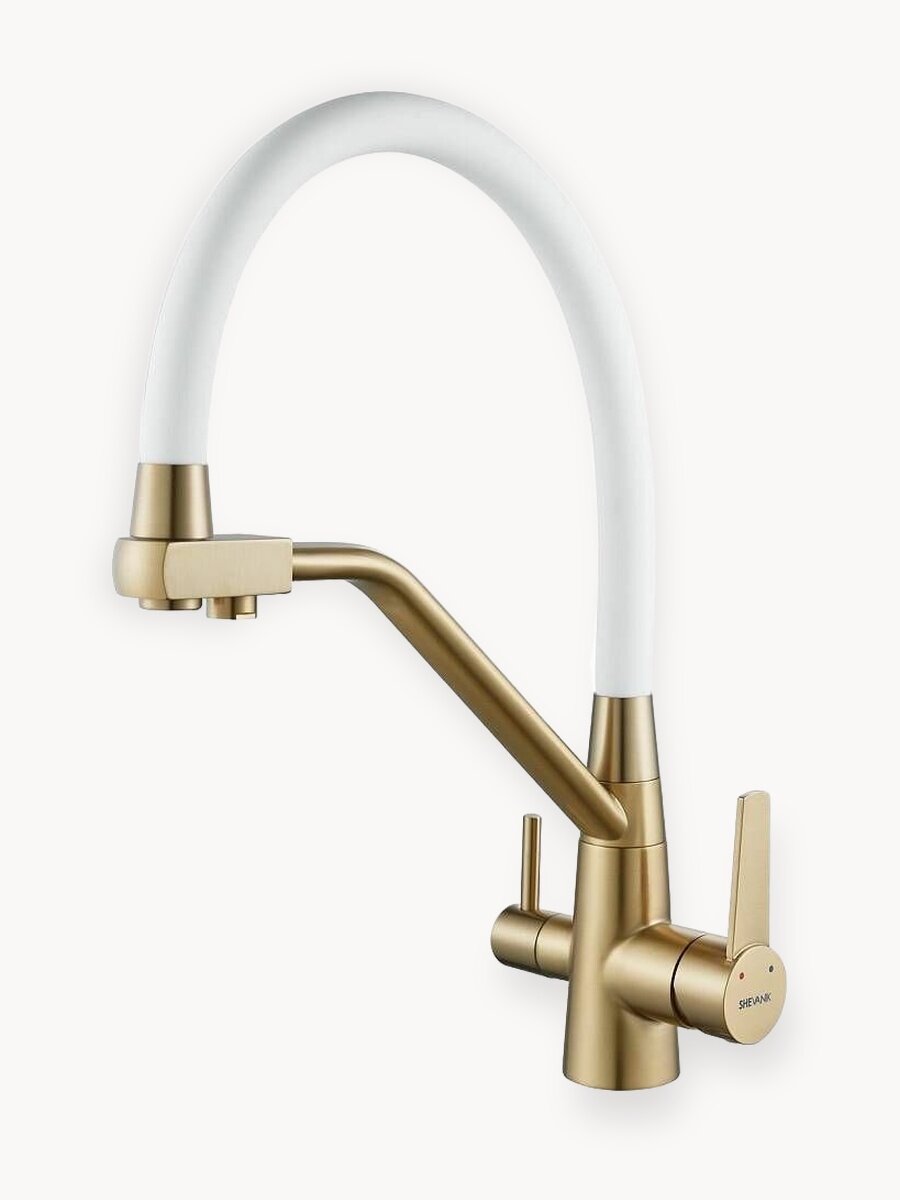 Смеситель для кухни с гибкти изливом под фильтр S968G, белый/золото