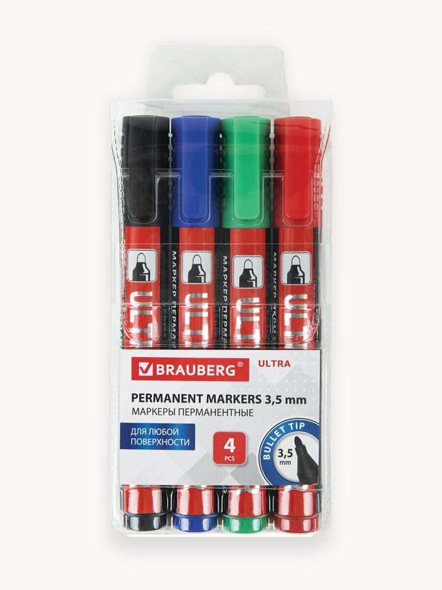 Маркеры перманентные BRAUBERG ULTRA MARKER, набор 4 цвета, круглый наконечник 3,5мм, 152208