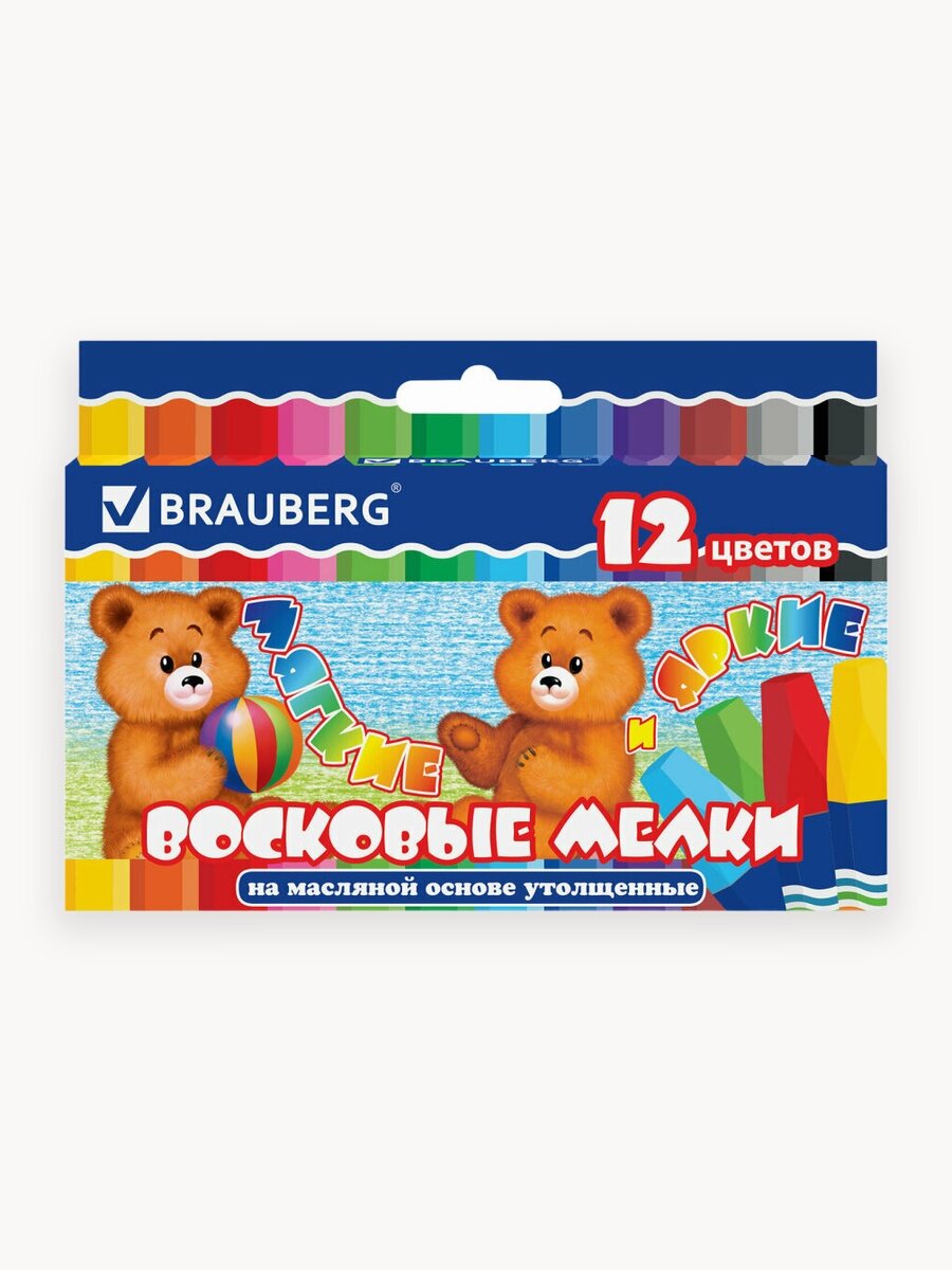 Восковые мелки для рисования утолщенные Brauberg, Набор 12 цветов, на масляной основе, яркие цвета, 222970