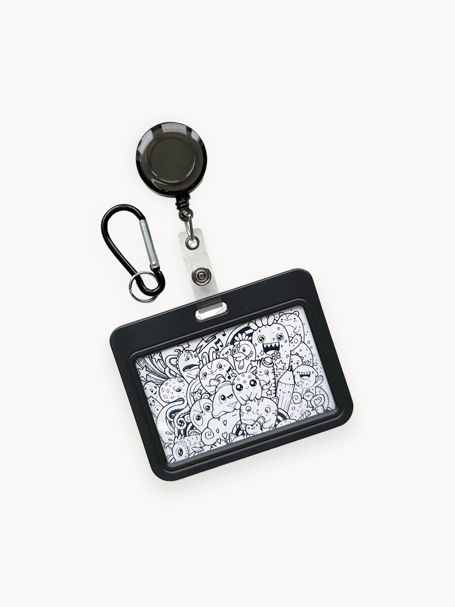 Двусторонний бейдж чехол пластиковый горизонтальный с ретрактором прищепкой и карабином для пропуска. Усиленный. Черный.