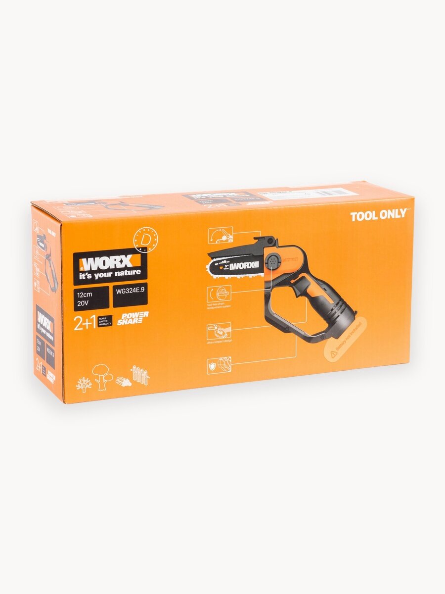 Аккумуляторная пила Worx WG324E, без АКБ, без ЗУ, длина шины 12см, шаг цепи 1/4"