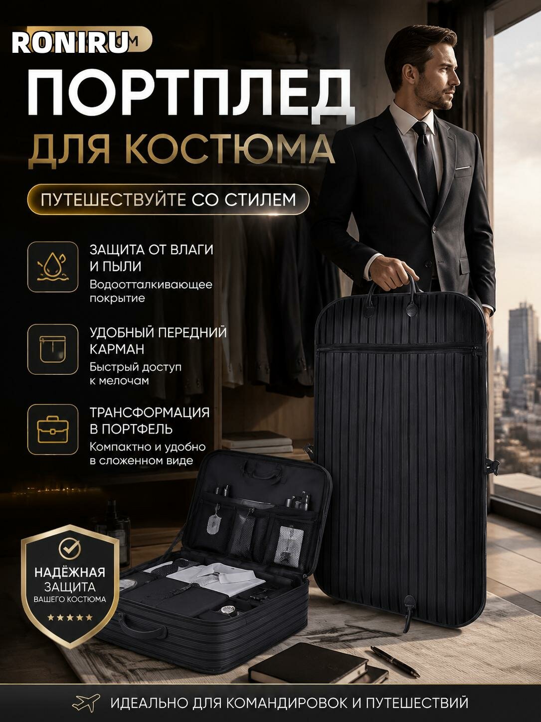 Портплед для костюма 100х60 см, дорожный чехол для одежды с водоотталкивающим покрытием и передним карманом в сложенном виде как портфель черный
