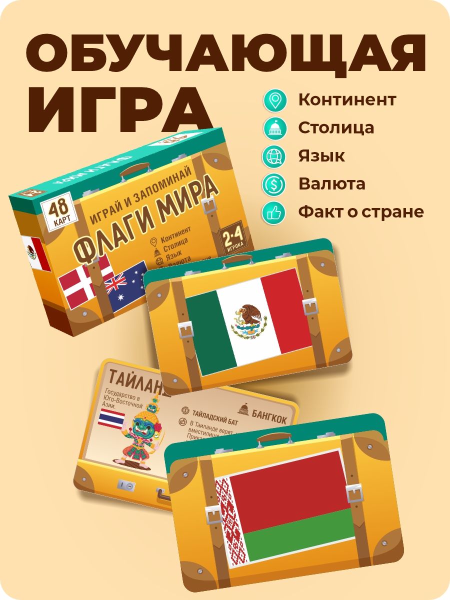 Развивающие карточки для детей и взрослых 48 стран мира. Познавательная карточная игра флаги и столицы мира