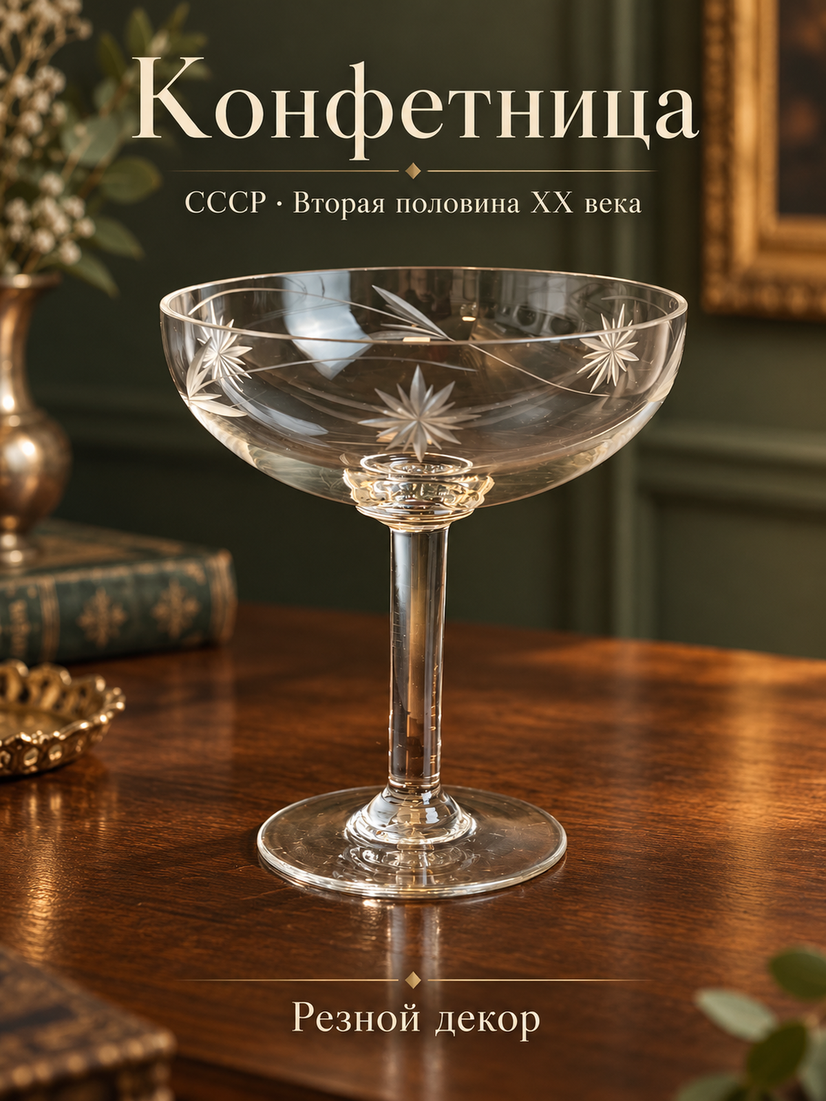 Конфетница стеклянная на ножке с резным декором, 16.5 см, винтаж СССР 1970-1990 гг