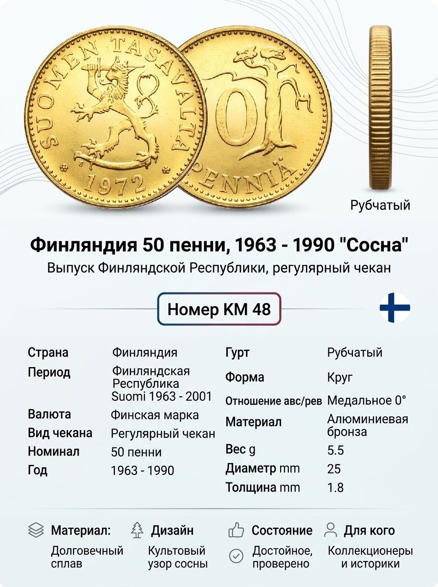 Финляндия 50 пенни, 1972 Сосна XF
