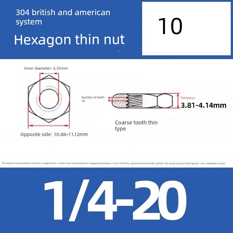 304 Нержавеющая сталь Гекс гайка 1/4-20 UNC Крупная резьба, 10 шт. для сборки крепежа