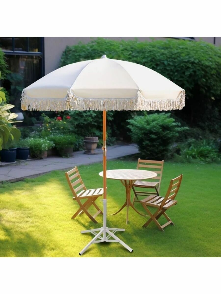 Пляжный зонтик с бахромой, защита от ультрафиолетовых лучей 50+, складной и портативный, наклонный, цвет: светло-бежевый