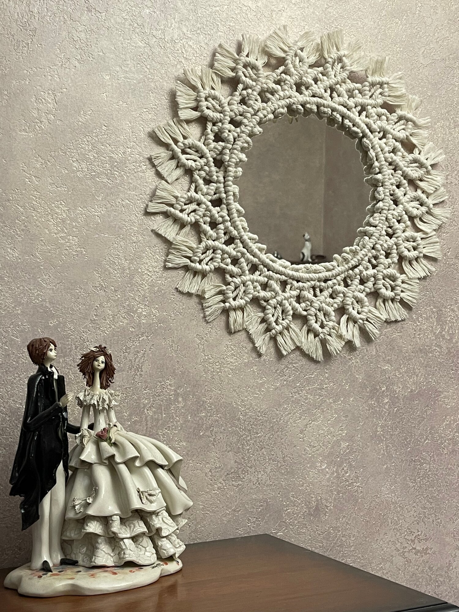 Панно. Зеркало настенное "Бохо", 40х40 см, круглое, без искажения, с рамой из хлопковой верёвки, бежевое