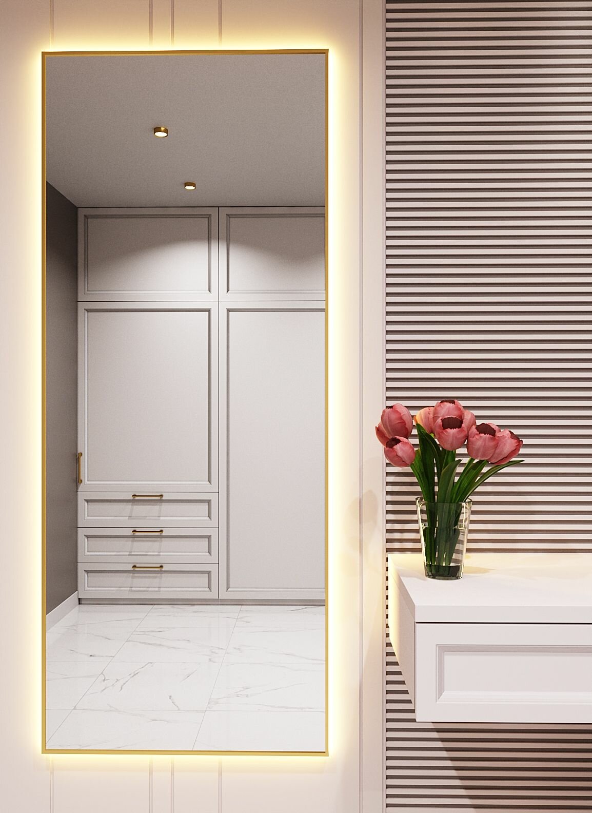 Зеркало настенное 161х60 см. BLX MIRROR с подсветкой в алюминиевой раме. Свет: Теплый белый 3000К, Золото