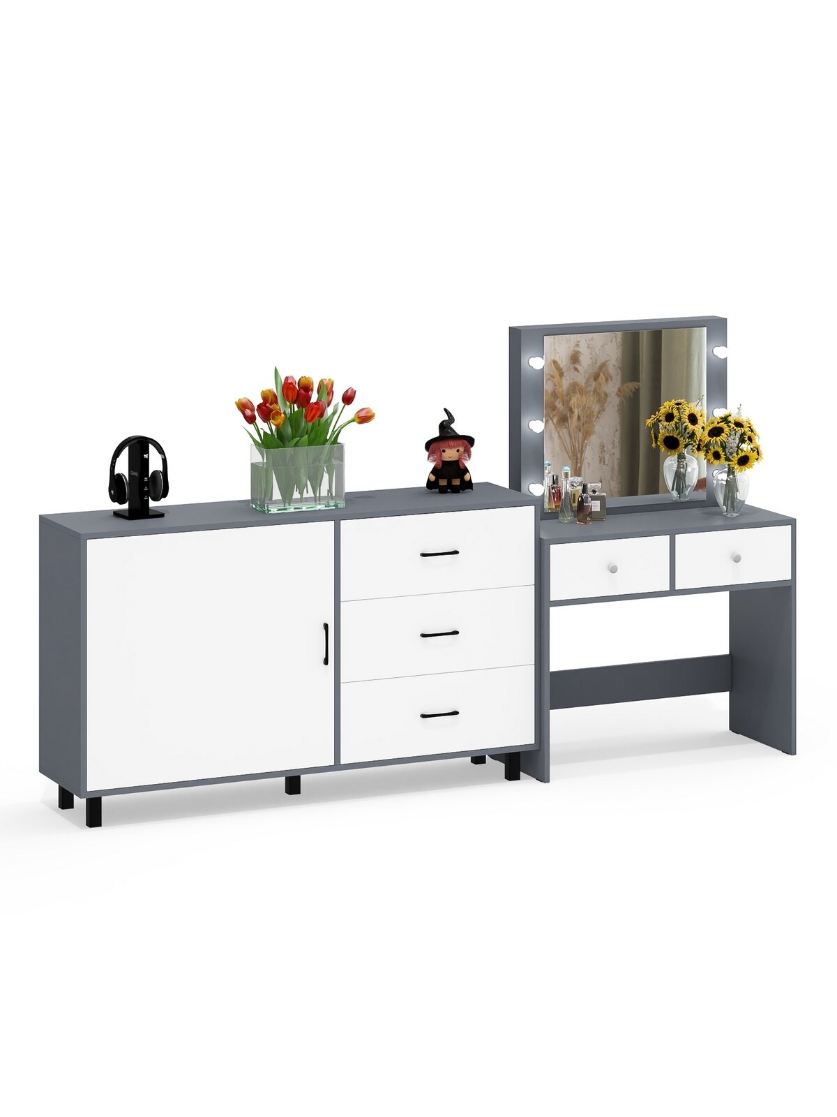 Косметический столик с лампочками СТ-5 и комод-тумба 122-1504, графит/белый, 240,4х40х136 см
