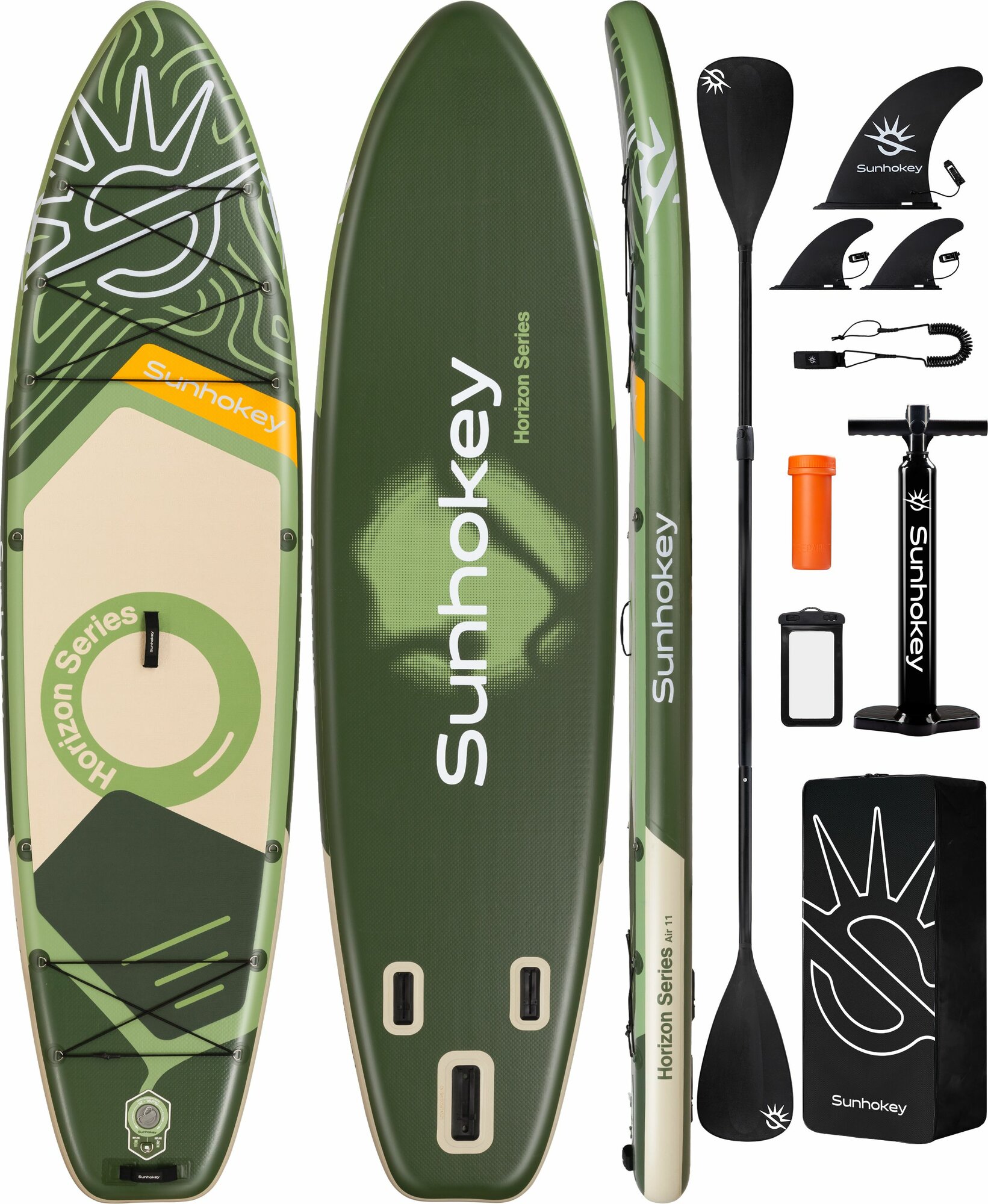 Сапборд надувной SUNHOKEY Horizon DARK GREEN 11' 335х86х15 см с веслом и аксессуарами \ SUP-доска для серфинга
