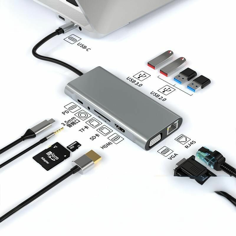 11-в-1 Прозрачный USB-C Хаб с 4K HDMI, Ethernet и кардридером универсальный переходник для ноутбука, MacBook и телефона