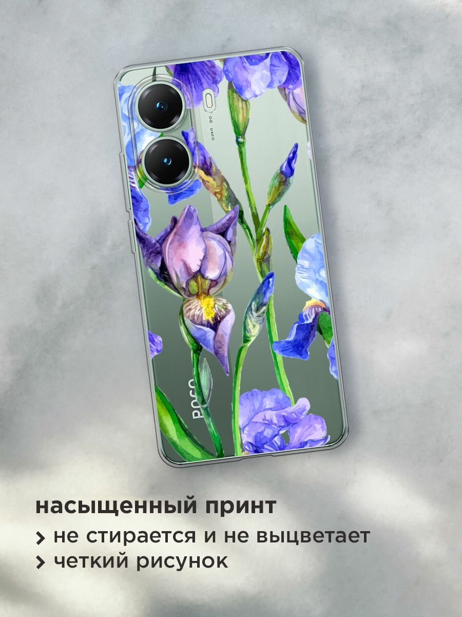 Чехол на Poco X7 Pro / Поко X7 Про с принтом "Синие ирисы", прозрачный — фото 1