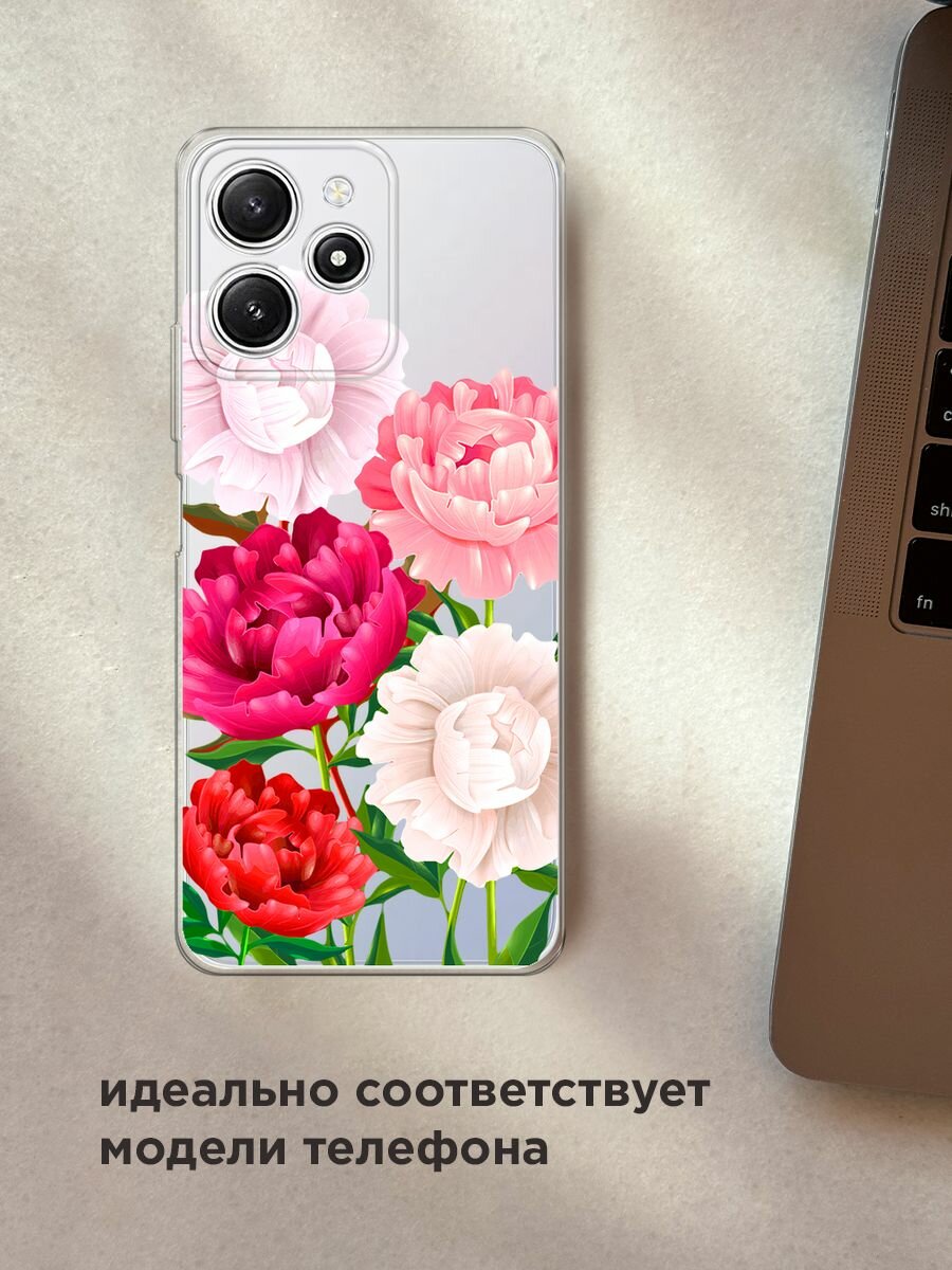 Чехол на Xiaomi Redmi 12 / Сяоми Редми 12 с принтом "Большие пионы", прозрачный — фото 1