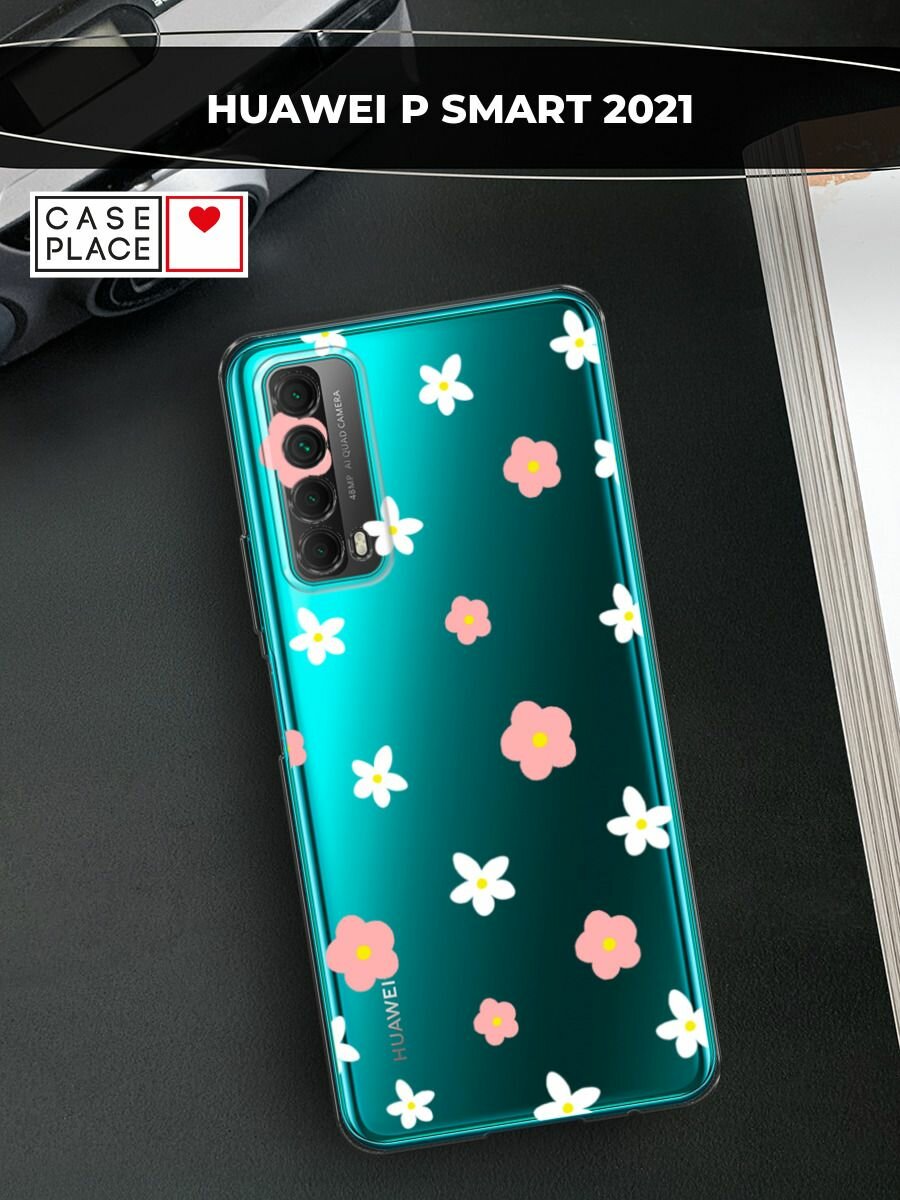 Чехол на Huawei P Smart 2021 / Хуавей П Смарт 2021 с принтом "Розовые и белые цветы", прозрачный