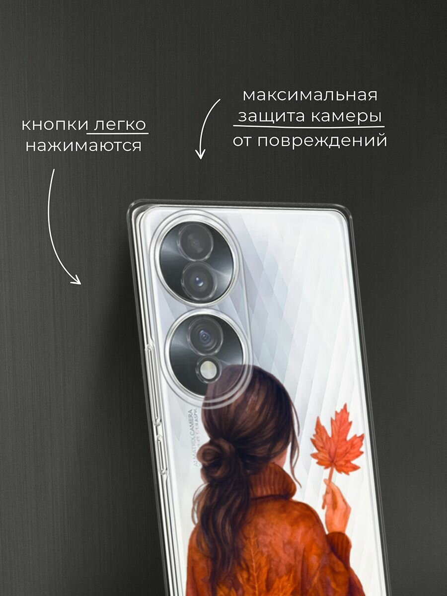 Чехол на Honor 70 / Хонор 70 с принтом "Девушка с опавшим листом", прозрачный — фото 1