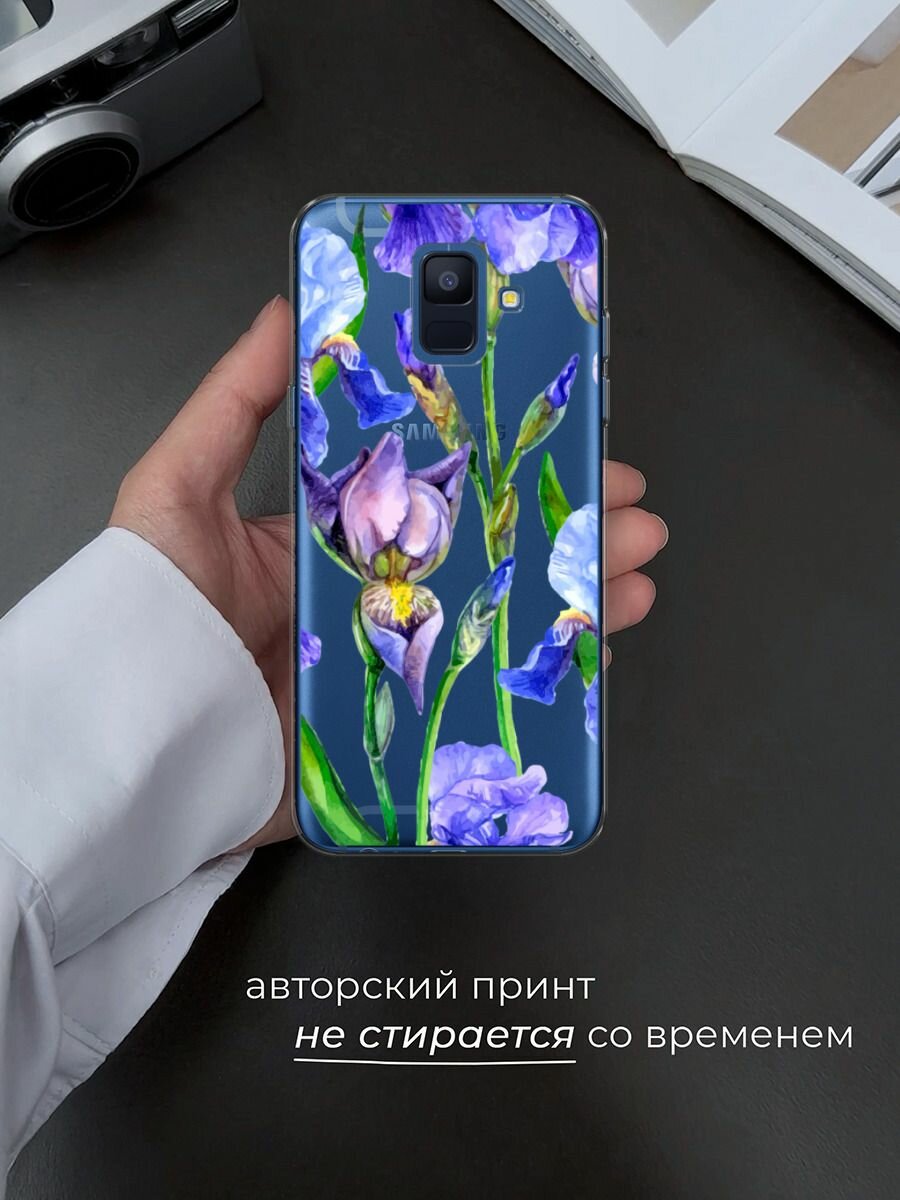 Чехол на Samsung Galaxy A6 / Самсунг Галакси А6 с принтом "Синие ирисы", прозрачный — фото 1