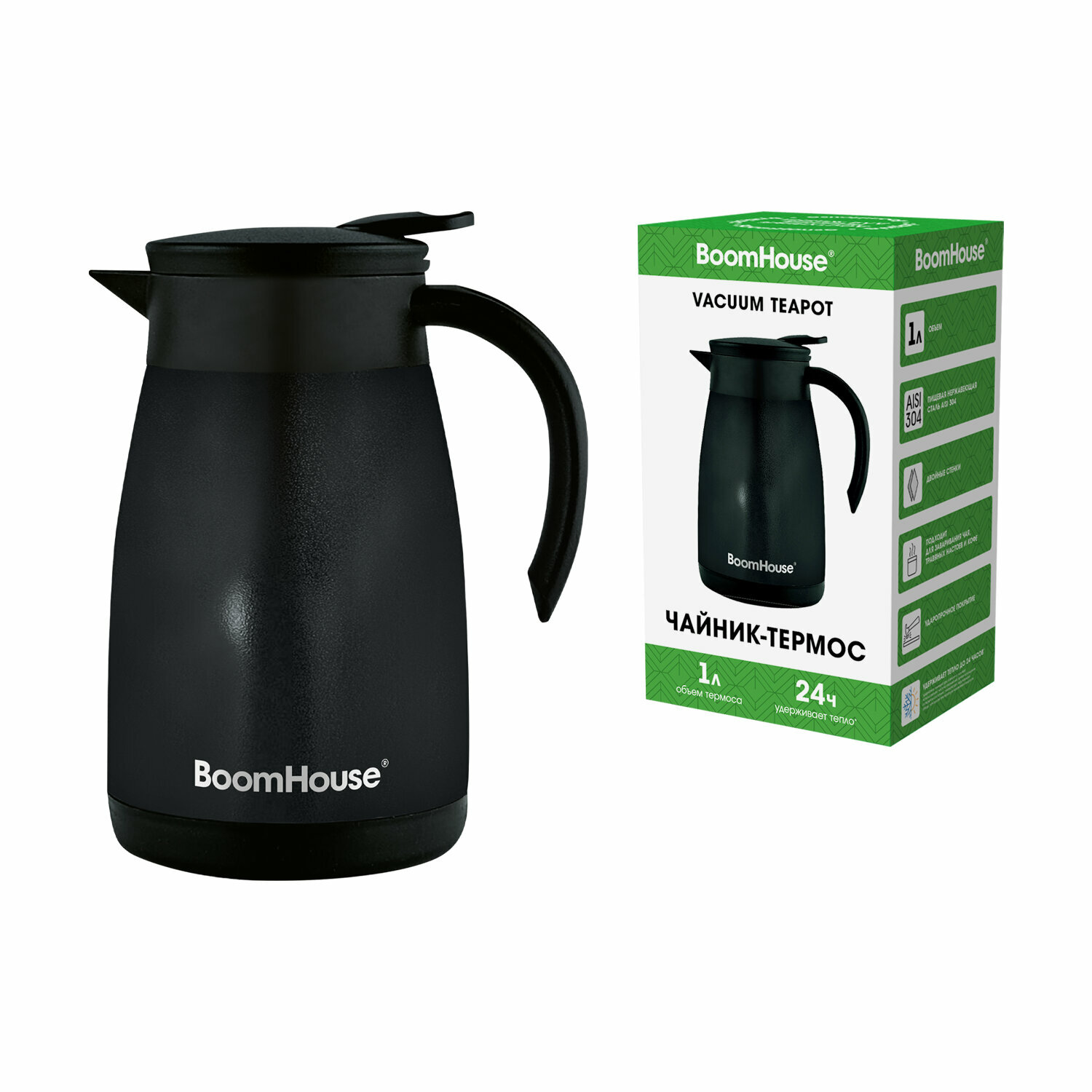 Чайник-термос BoomHouse 1 л, "Coffee Break", нержавеющая сталь Sus304, черный, термочайник