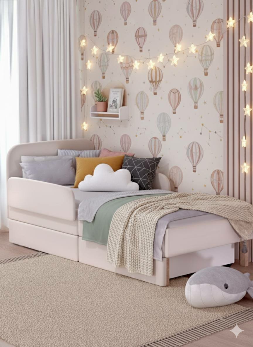 Кровать детская односпальная 160х80 мягкая, с бортиком, бежевая