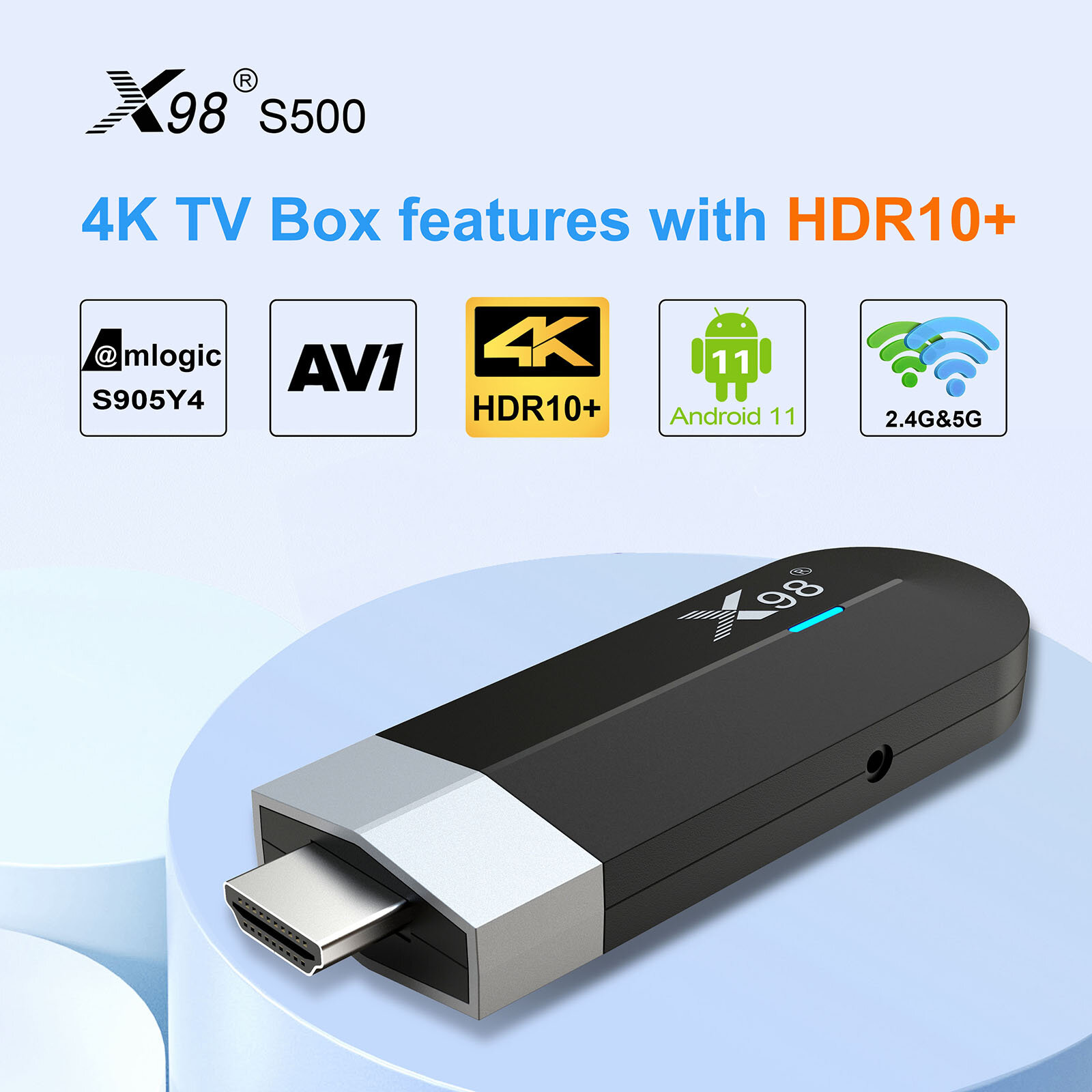 X98 S500 Android 11.0 Smart TV Stick UHD 4K Media Player Amlogic S905Y4 TV Dongle 2GB+16GB 2.4G/5G WiFi HDR10 H.265 VP9 Decoding Black 98*33*15mm