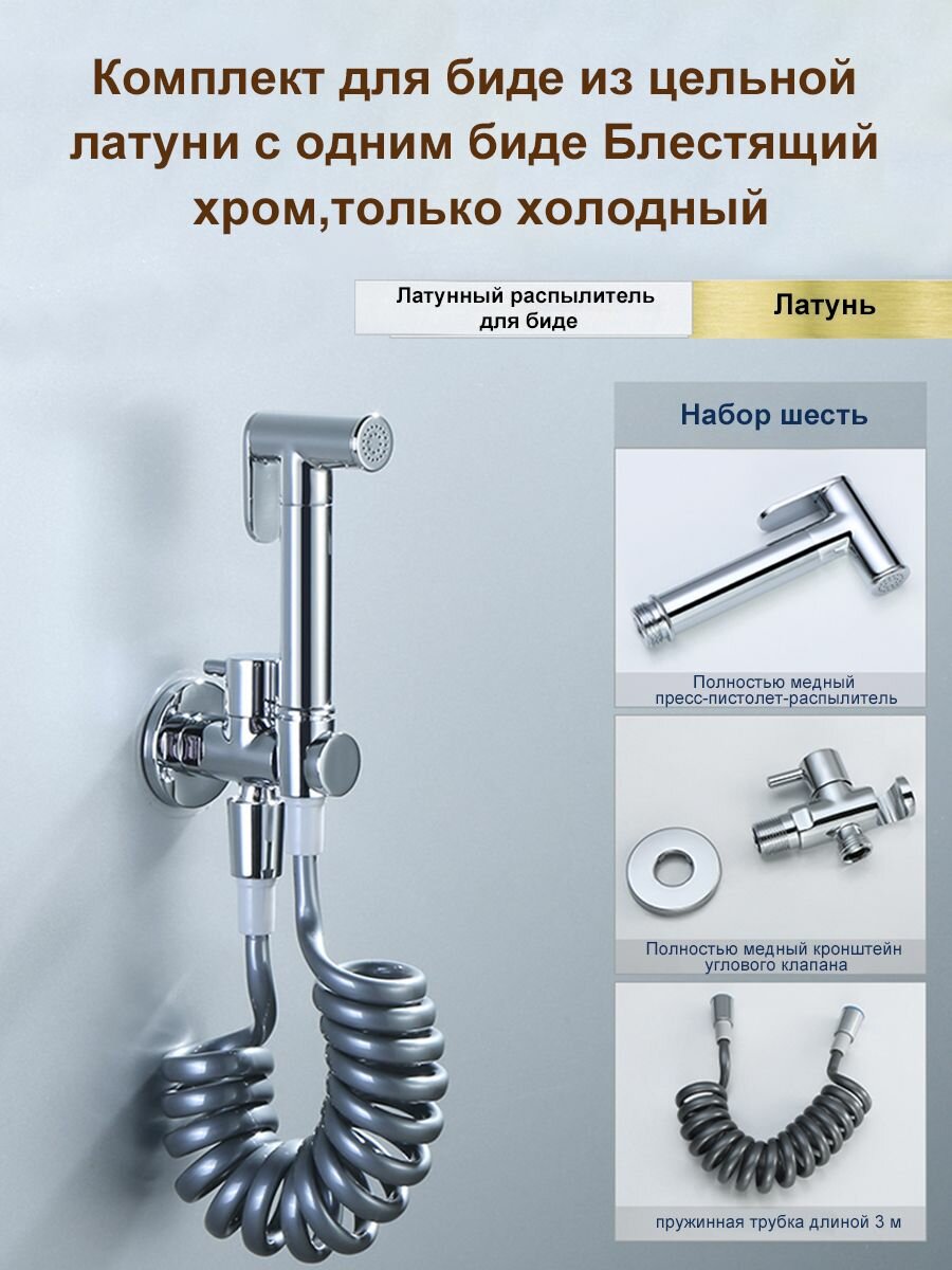 Лейка гигиеническая для биде (кран для холодной воды) RO5502C лейка, 3 M шланг, кран хром, латунь, Круглый