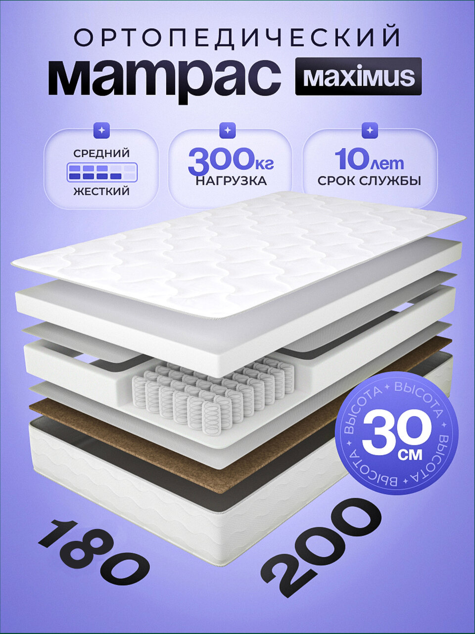 Матрас ортопедический 180x200, двусторонний высокий 30 см, на блоке независимых пружин