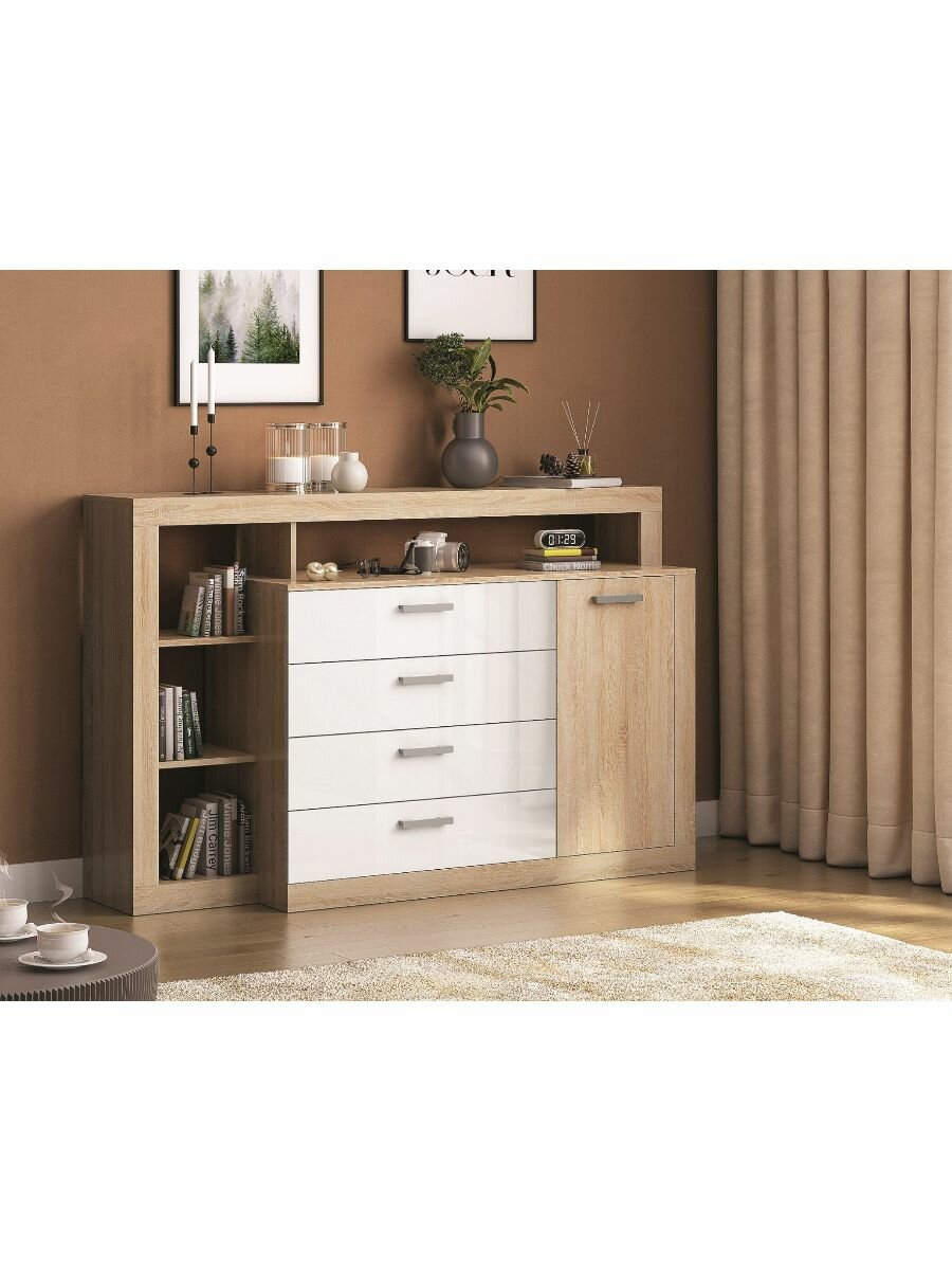 Комод Ангара ЛДСП 1602х1040х476, Дуб сонома/Белый глянец холодный, МИФ