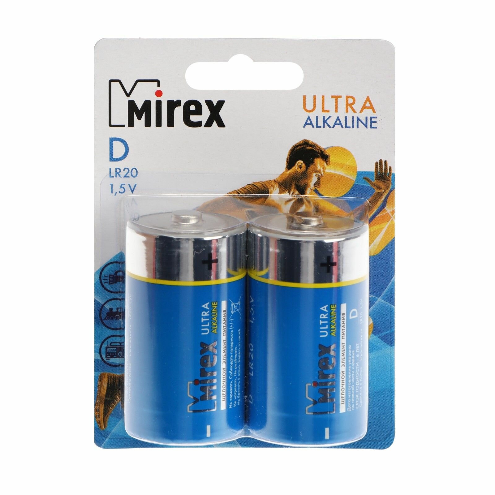 Батарейка алкалиновая Mirex, D, LR20-2BL, 1.5В, блистер, 2 шт. в упаковке