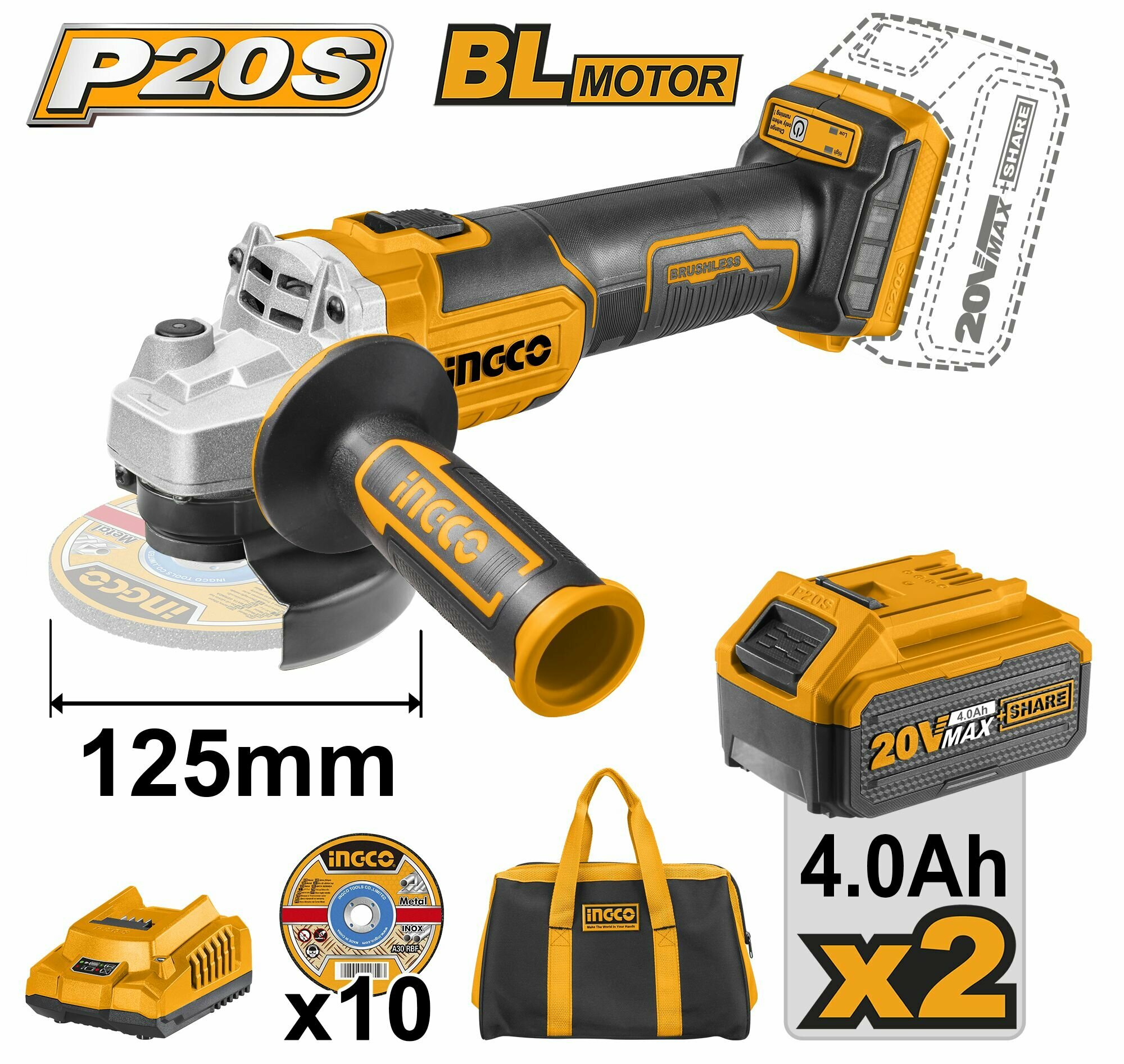 Аккумуляторная УШМ 125 мм INGCO CAGLI2012582 INDUSTRIAL 2 х 4,0 Ач, сумка(сборка кейс)