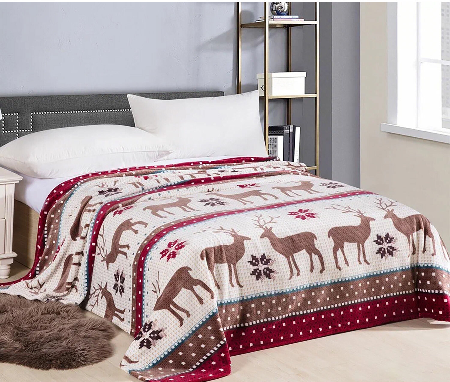 Плед из велсофта 129-pf Олени большие красные Elin (кремовый-красный), 150x200