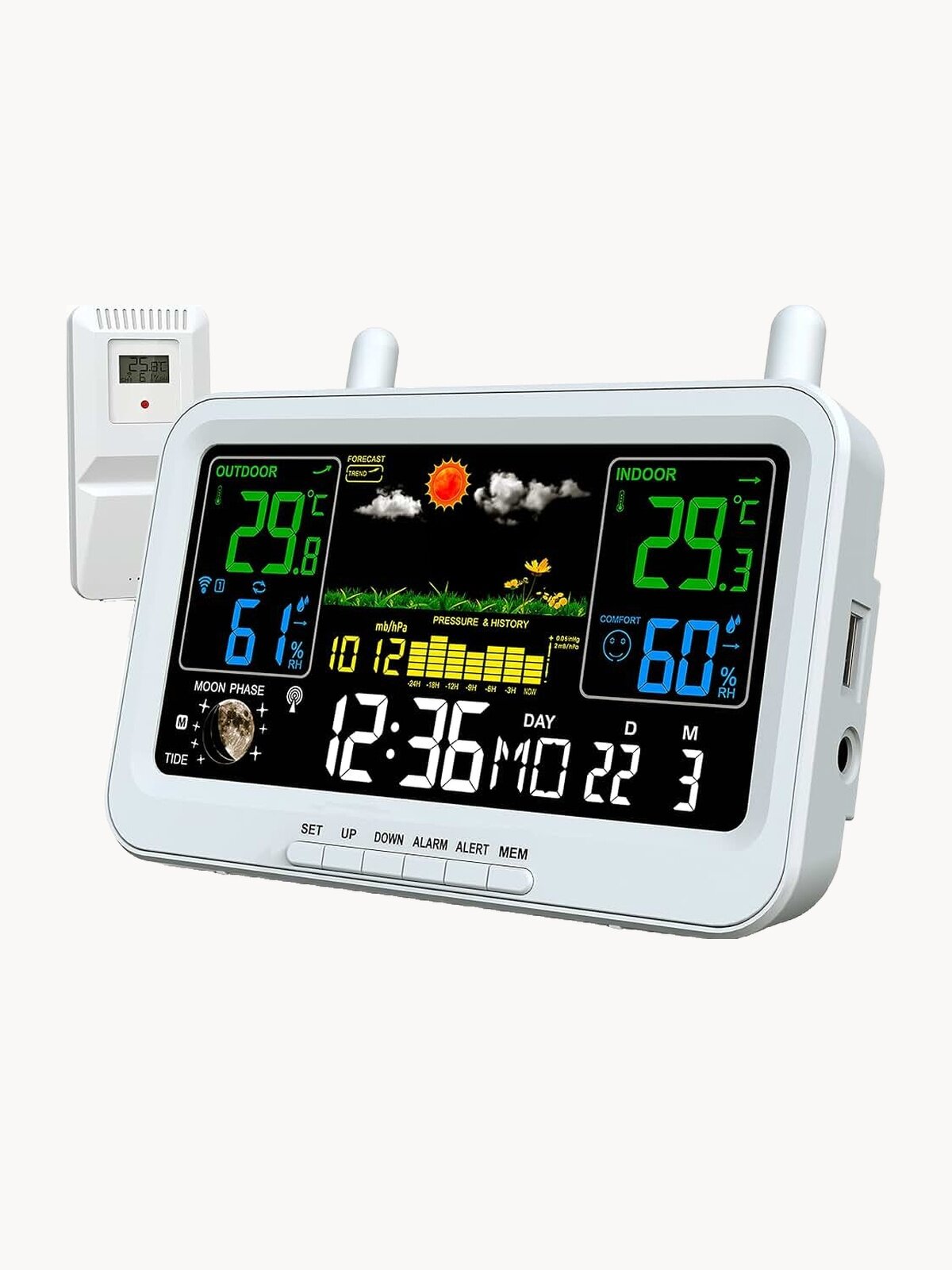 Умная метеостанция домашняя с выносным датчиком с прогнозом погоды белая