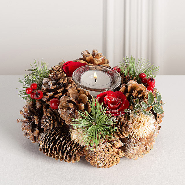 Новогодний подсвечник с шишками и розами Лесная Романтика 19 см, Edelman, 1139182