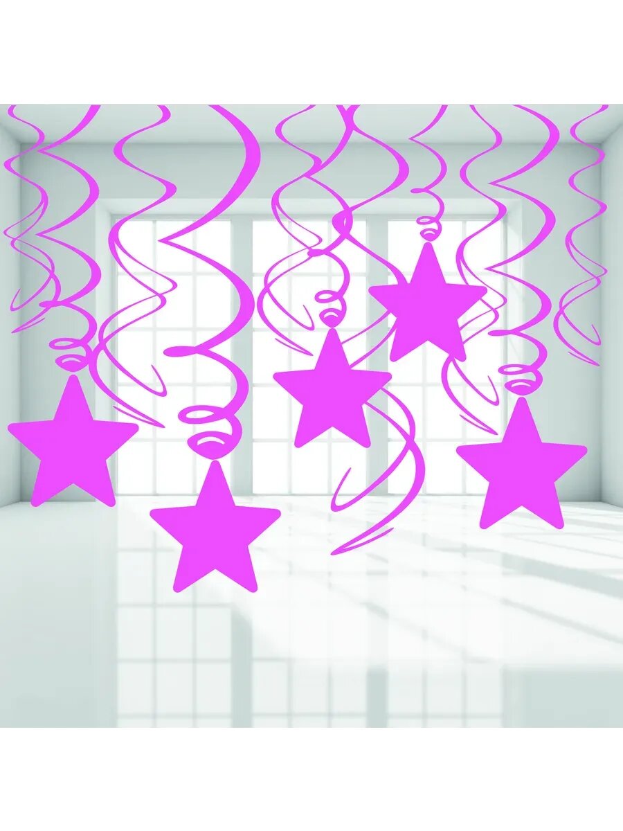 Спираль Декор Звезды, Розовый, 12 шт. / 6 спиралей со звездами + 6 без звезд